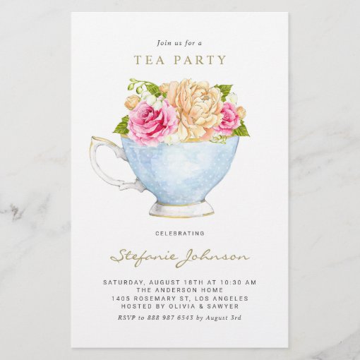Watercolor Flowers in Teacup Tea Party Invitation | Zazzle