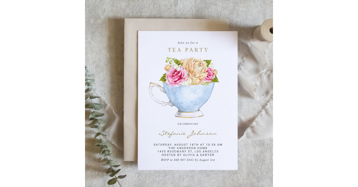 Watercolor Flowers in Teacup Tea Party Invitation | Zazzle