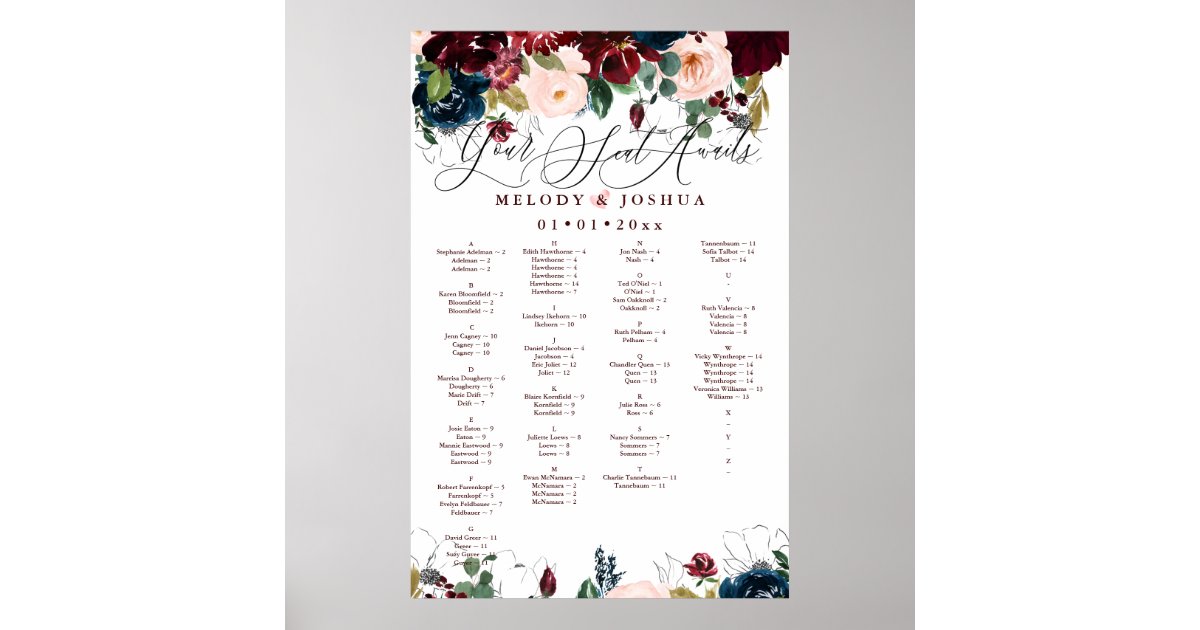 WATERCOLOR FLOWERS SEATING CHART, ALPHABETICAL POSTER | Zazzle