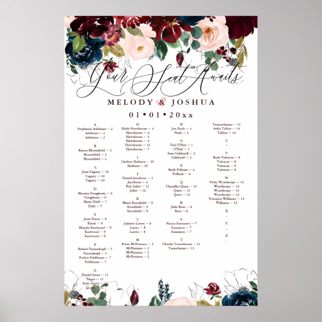 WATERCOLOR FLOWERS SEATING CHART, ALPHABETICAL POSTER | Zazzle