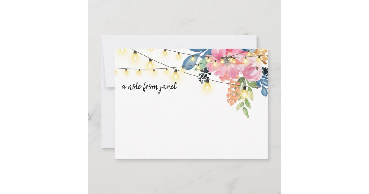 Watercolor Flowers & String Lights Note Card | Zazzle