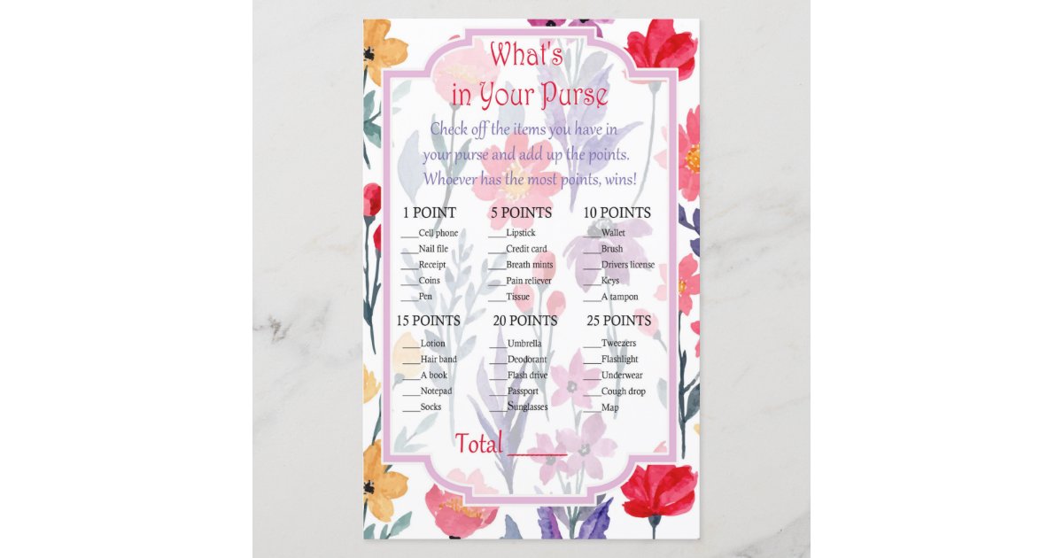 Watercolor flowers What's in your purse game | Zazzle