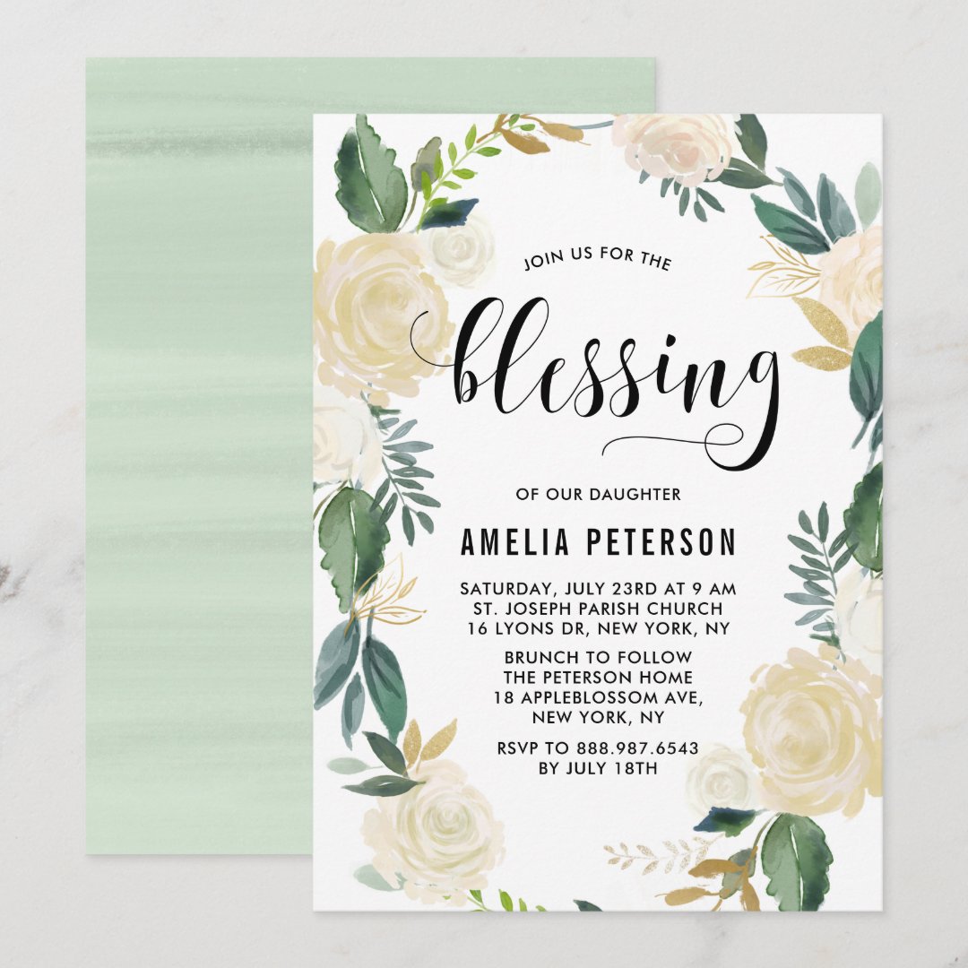 Watercolor Flowers with Gold Glitter Baby Blessing Invitation | Zazzle