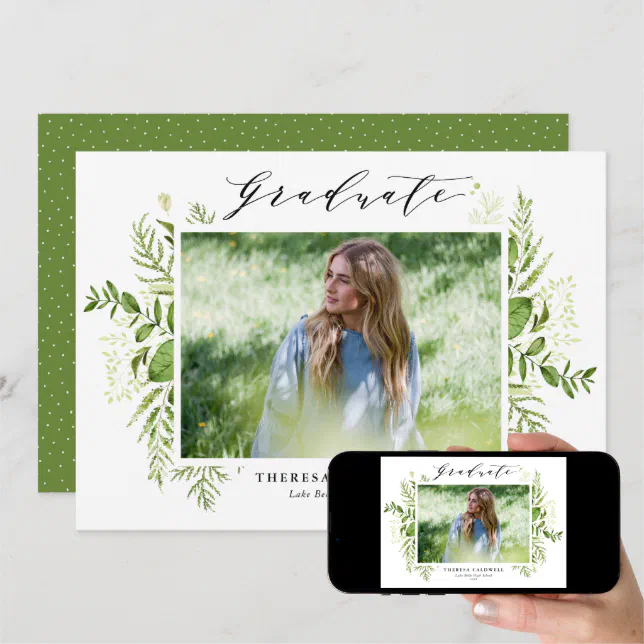 Watercolor Foliage Horizontal Photo Graduation Announcement | Zazzle