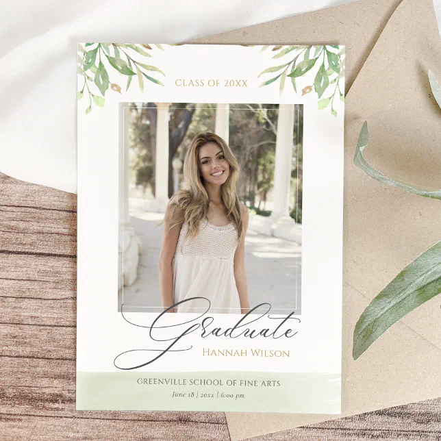 Watercolor Foliage Leaves Script Photo Graduation Announcement | Zazzle