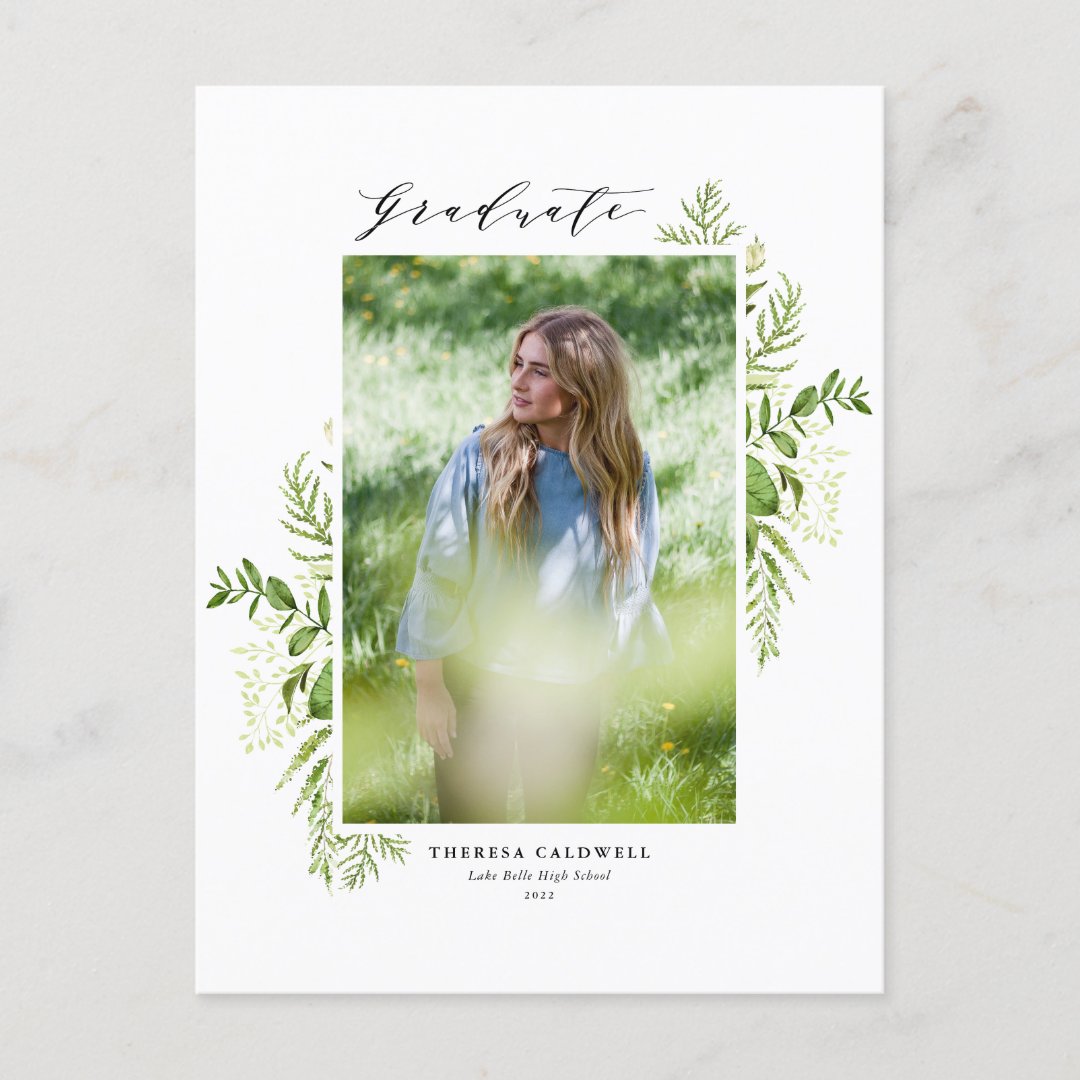 Watercolor Foliage Vertical Photo Graduation Announcement Postcard | Zazzle