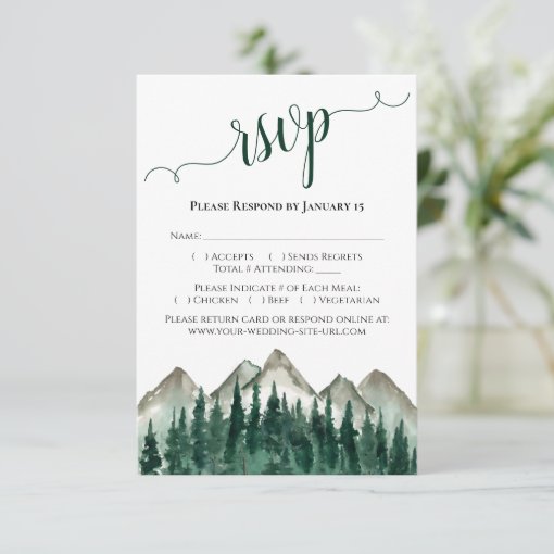 Watercolor Forest and Mountains Rustic Wedding RSVP Card | Zazzle