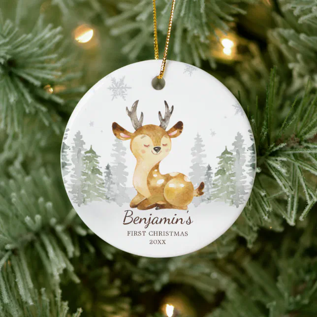 Watercolor Forest Deer Baby's First Christmas Ceramic Ornament | Zazzle