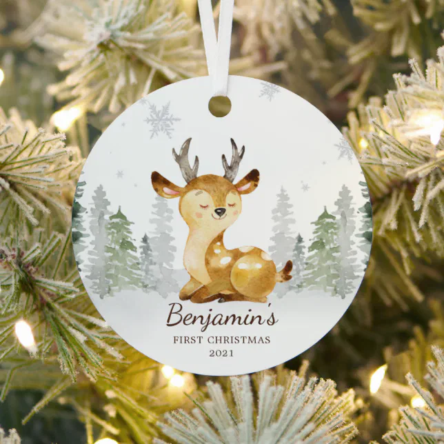 Watercolor Forest Deer Baby's First Christmas Metal Ornament | Zazzle