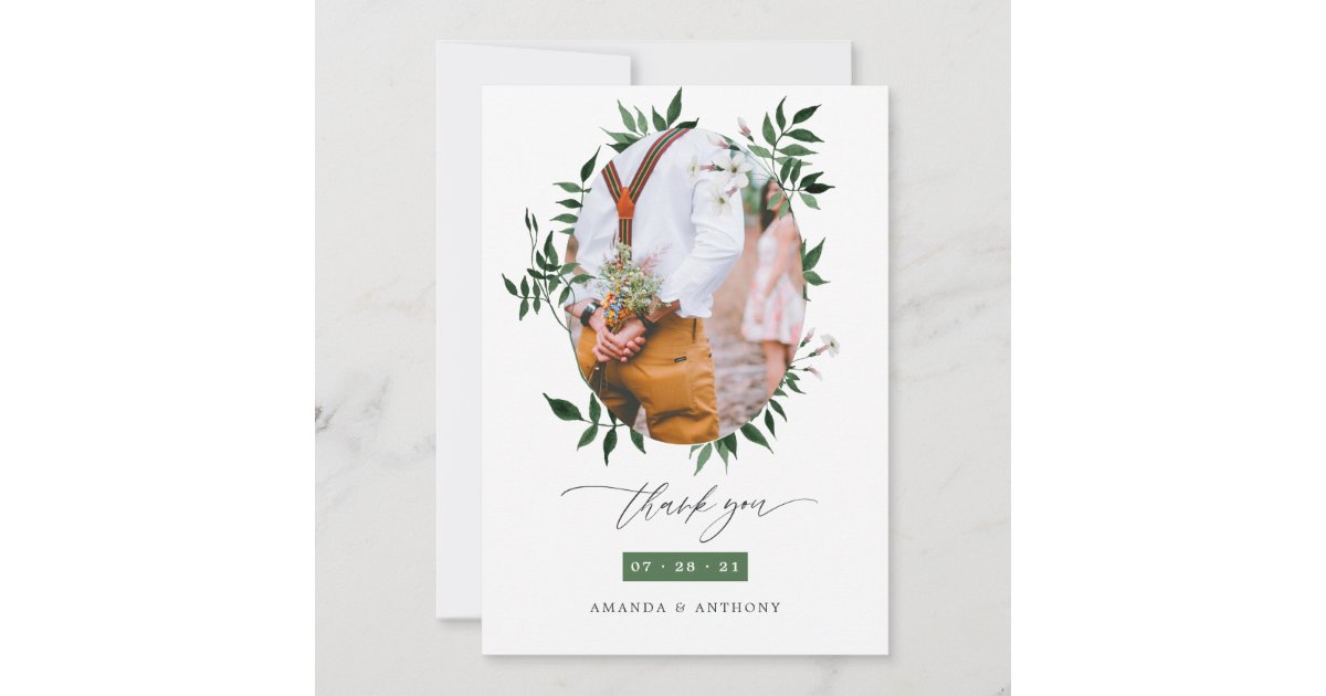 Watercolor Forest Greenery Wedding Photo Collage Thank You Card | Zazzle