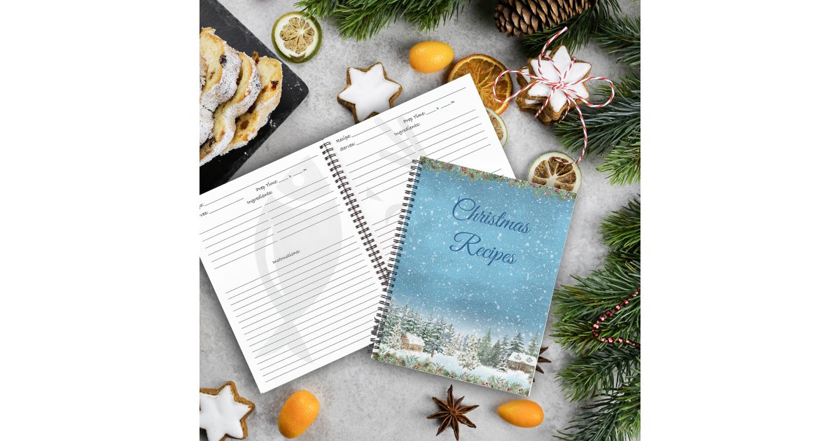 Watercolor Forest Landscape Christmas Recipes Notebook | Zazzle
