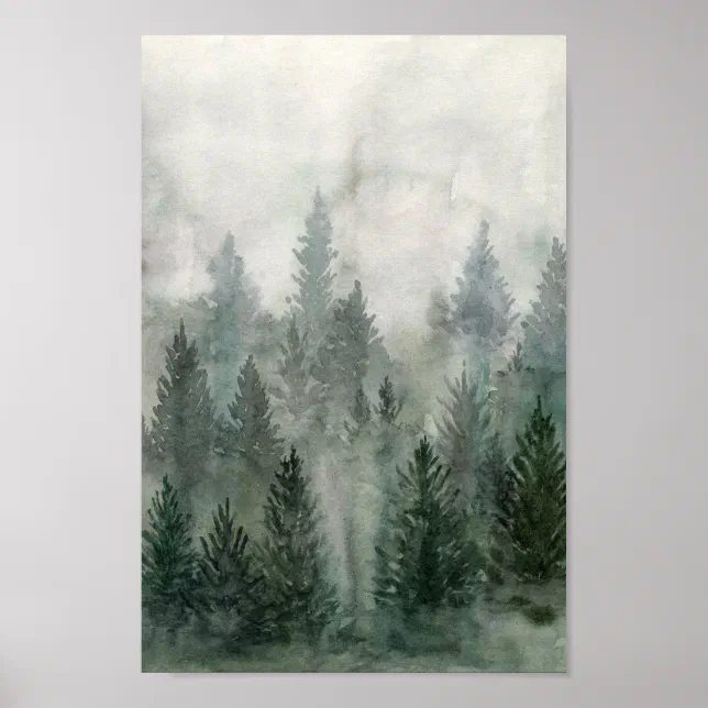 Watercolor Forest landscape foggy pine mountain Poster | Zazzle