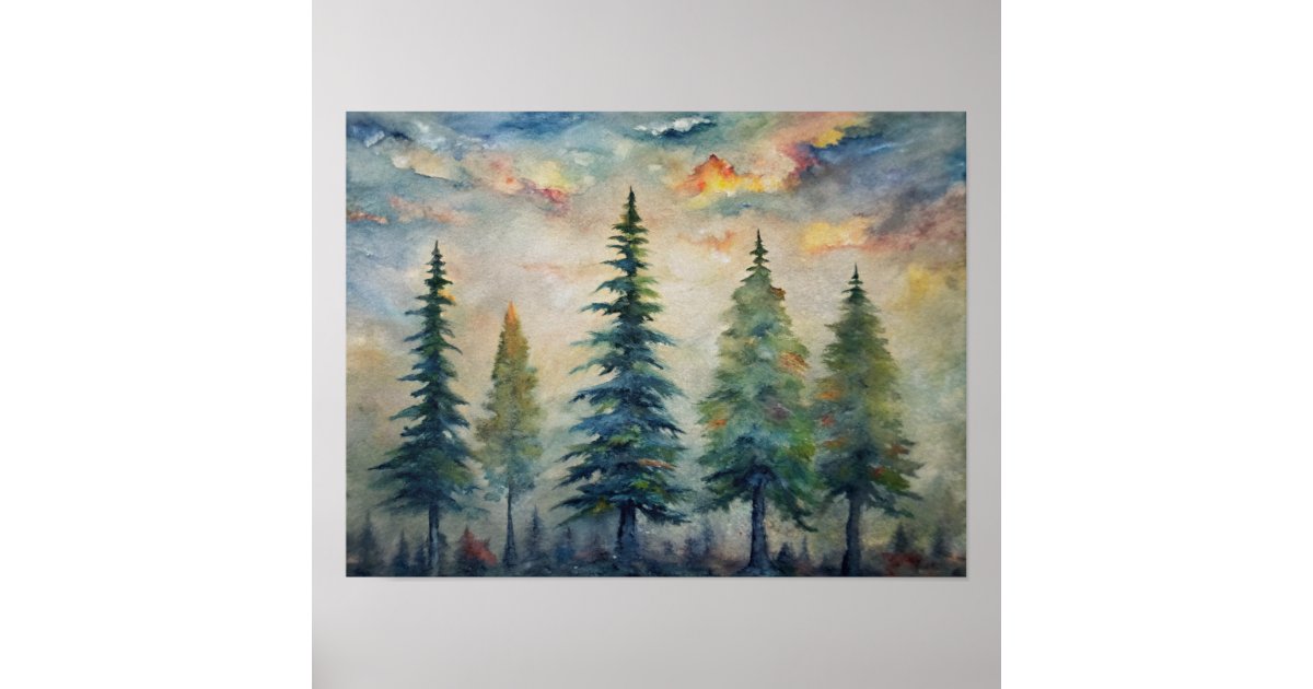 Watercolor Forest Landscape, Pine Trees at Dusk Poster | Zazzle