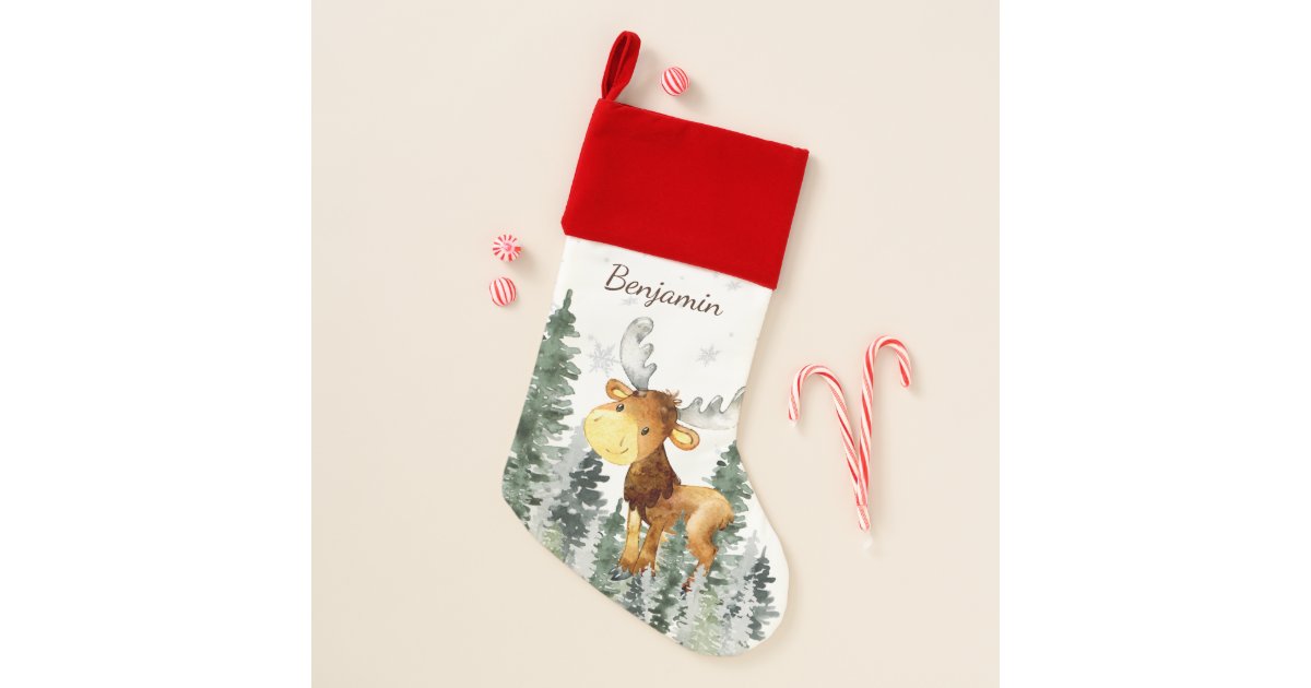 Watercolor Forest Moose Personalized Kids Christmas Stocking | Zazzle