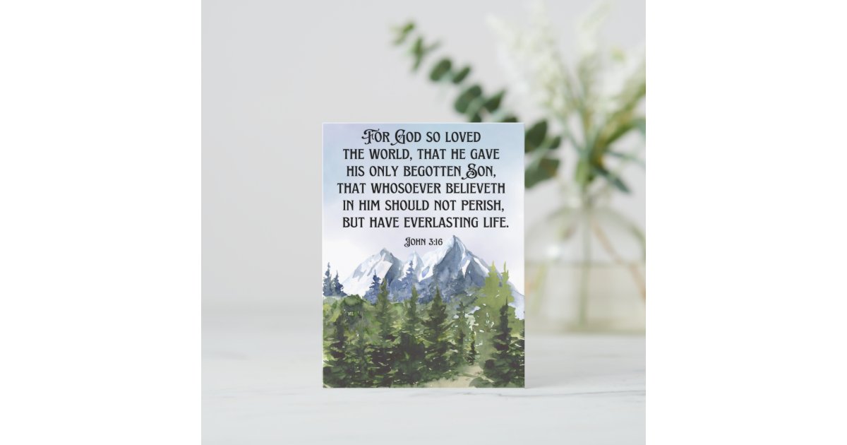 Watercolor Forest Mountains John 3 16 Scripture Postcard | Zazzle