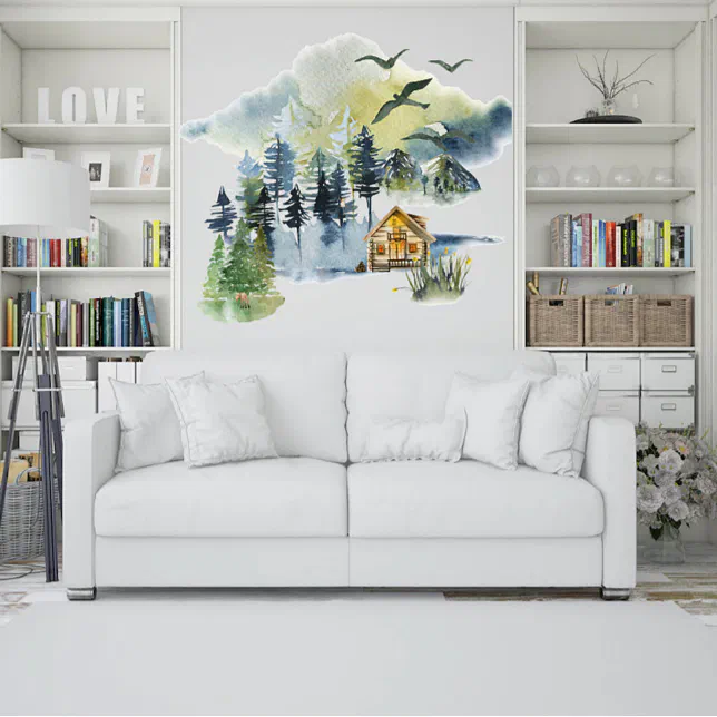 Watercolor forest scene wall decal | Zazzle