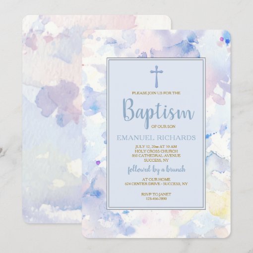 Watercolor Frame Blue Religious Invitation | Zazzle
