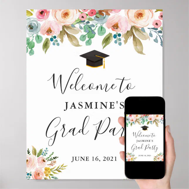 Watercolor Fresh Chic Floral Graduation Party Sign | Zazzle