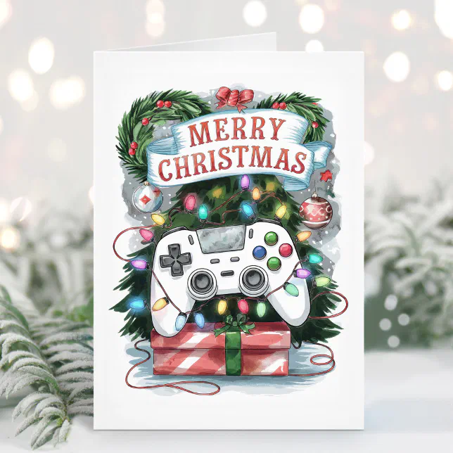 Watercolor Gaming Gamer Christmas Card | Zazzle