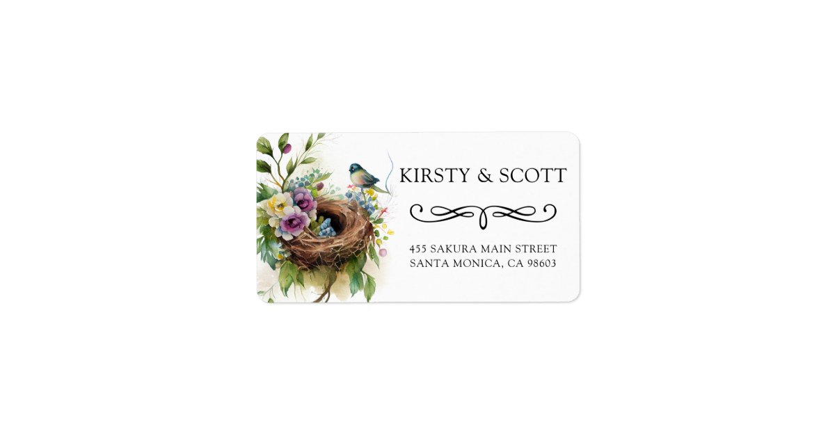 Watercolor Garden Floral Spring Bird Nest Wedding Label | Zazzle