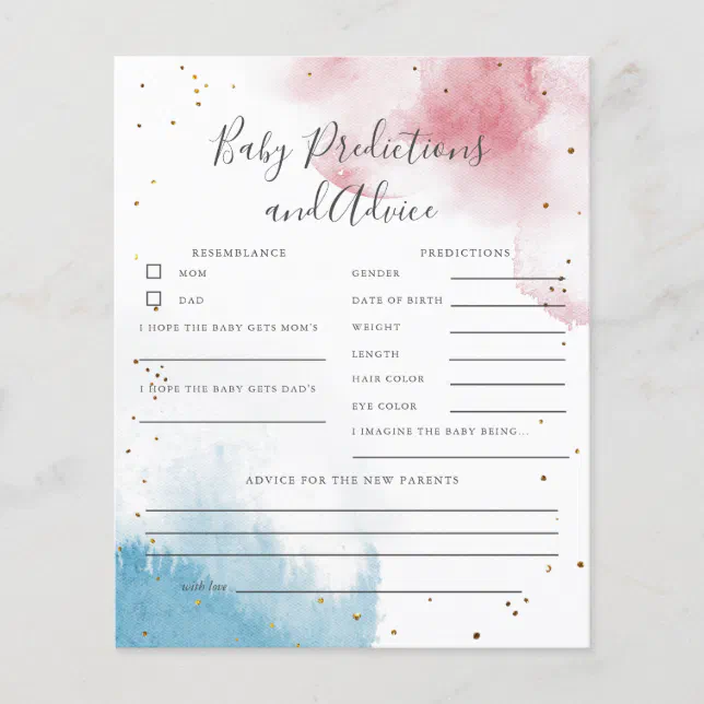 Watercolor Gender Reveal Baby Predictions Game | Zazzle