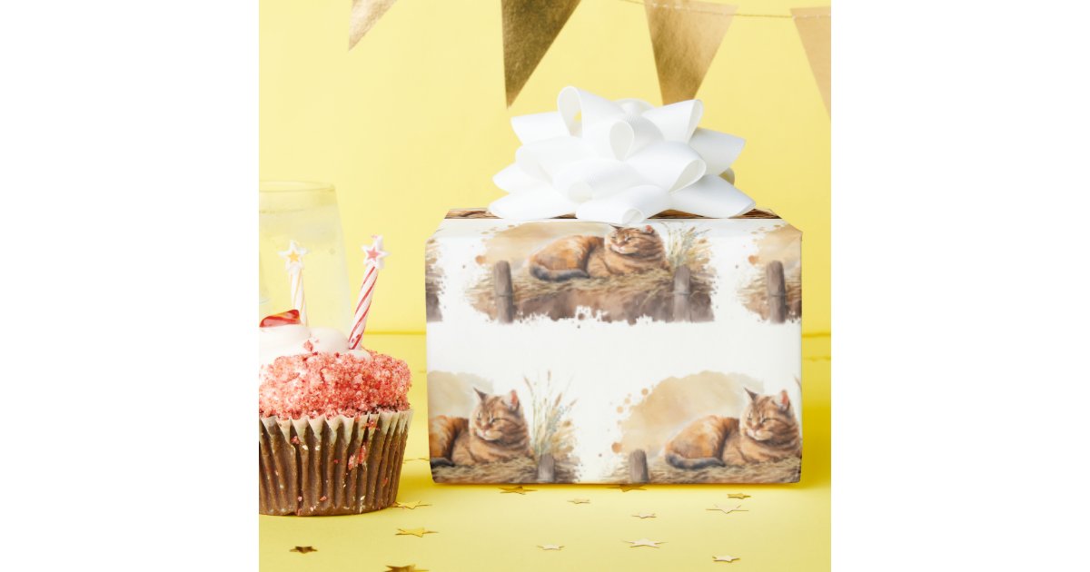 Watercolor Ginger Cat On Hay Wrapping Paper | Zazzle