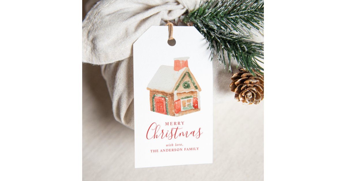 Watercolor Gingerbread House Merry Christmas Gift Tags | Zazzle