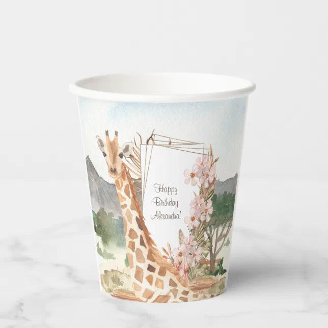 Watercolor Giraffe in African Savannah Birthday Paper Cups | Zazzle