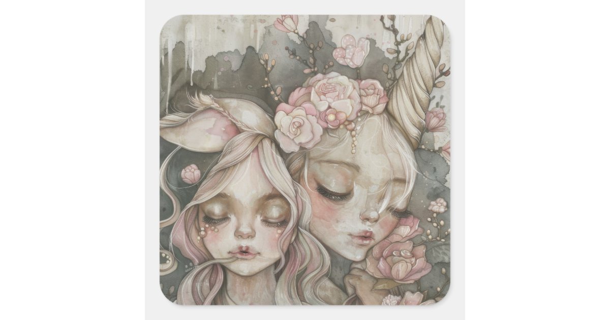 watercolor girl square sticker | Zazzle