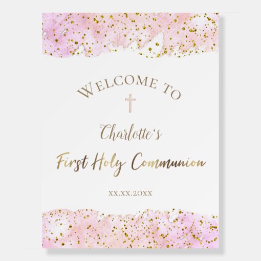 watercolor glitter | First Communion welcome sign | Zazzle