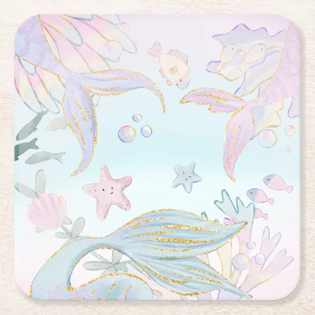 Watercolor Glitter Mermaid Under the Sea Party Square Paper Coaster ...