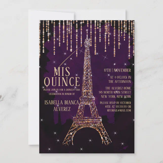 Watercolor Glitter Paris Eiffel Tower Quinceañera Invitation | Zazzle