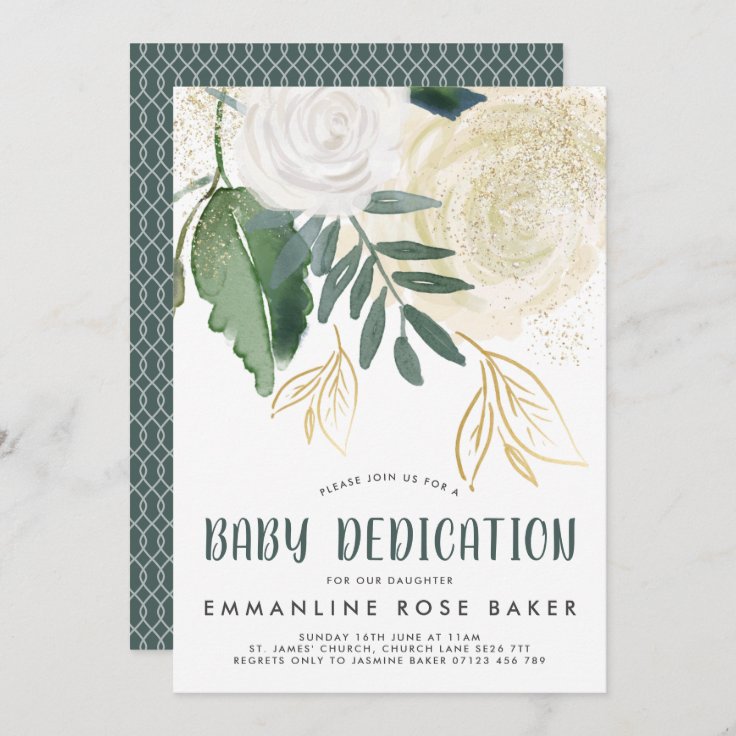 Watercolor & Glitter Roses Baby Dedication Invite | Zazzle