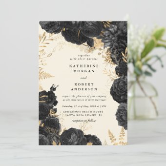 Watercolor Gold Black Roses Wedding Invitation | Zazzle