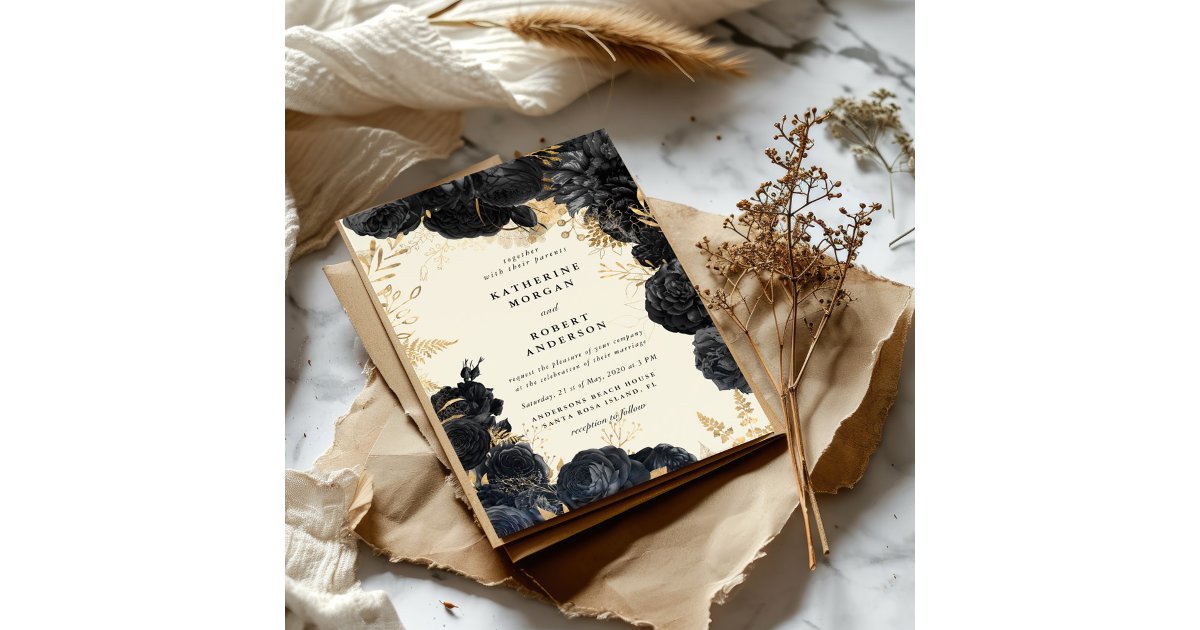 Watercolor Gold Black Roses Wedding Invitation | Zazzle