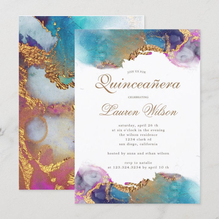 watercolor gold faux foil Quinceanera Invitation | Zazzle