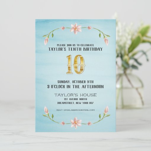 Watercolor Gold Floral 10th Birthday Party Invitation Zazzle