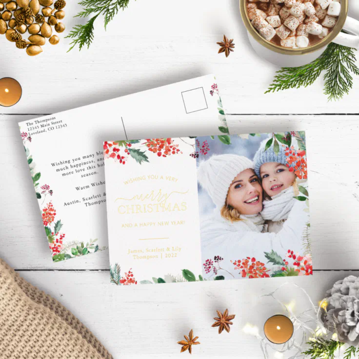 Watercolor Gold Foil Holiday Post Card | Zazzle