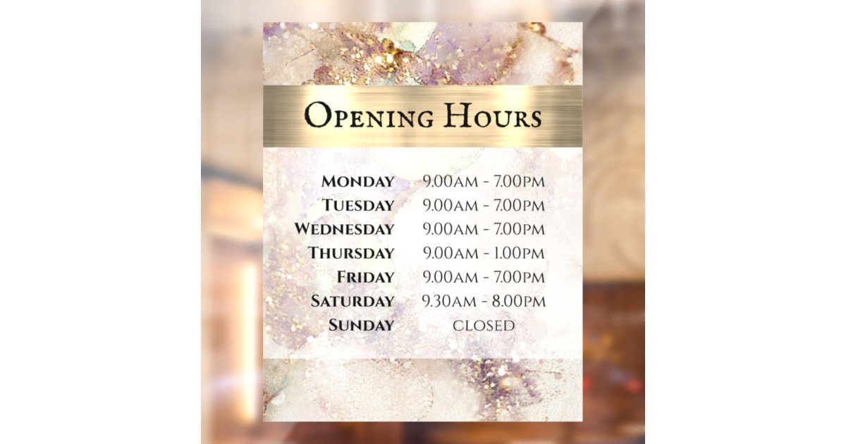 Watercolor Gold Foil Opening Hours Window Cling | Zazzle