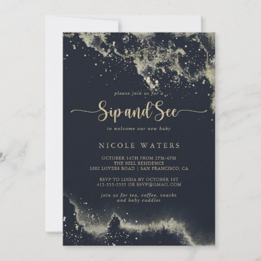 Watercolor Gold Splash Calligraphy Sip and See Invitation | Zazzle