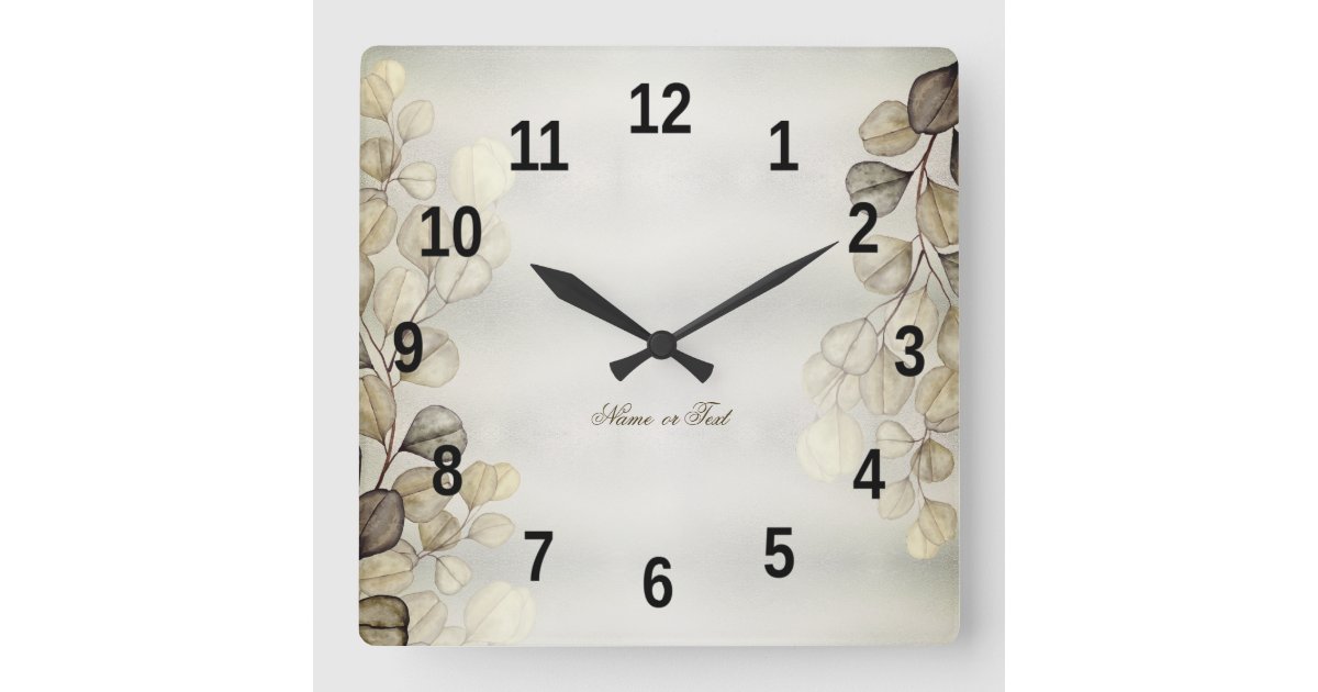 Watercolor Golden Eucalyptus Foliage Shiny Elegant Square Wall Clock ...