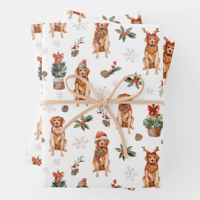 Watercolor Golden Retriever Christmas Dogs Wrapping Paper Sheets | Zazzle