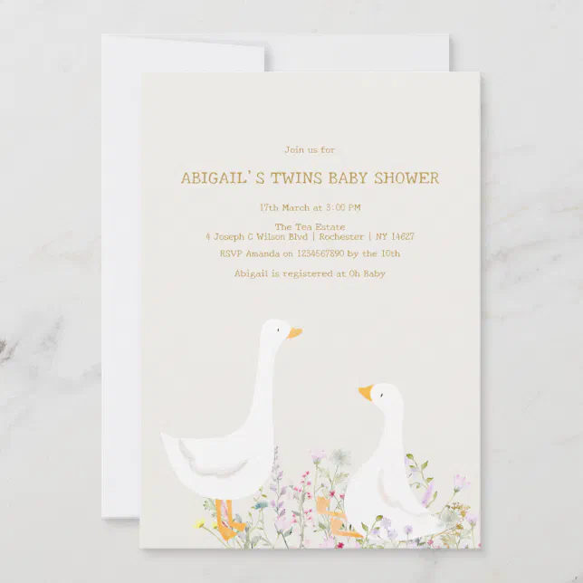 Watercolor Goose Wildflower Twins Baby Shower Invitation | Zazzle