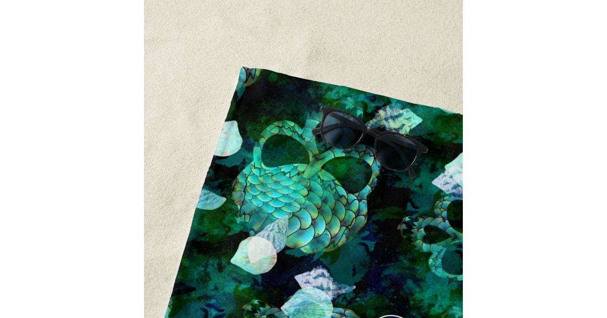 Watercolor Gothic Mermaid Scale Seashells Skulls Beach Towel | Zazzle