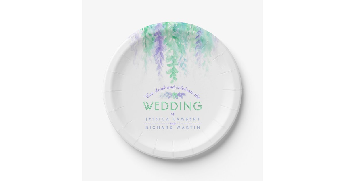 Watercolor green blue custom wedding plates | Zazzle