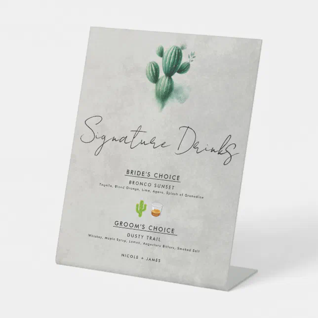 Watercolor Green Cactus Wedding Signature Drinks Pedestal Sign | Zazzle