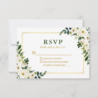 Watercolor Green Floral Gold Frame Wedding RSVP Card | Zazzle