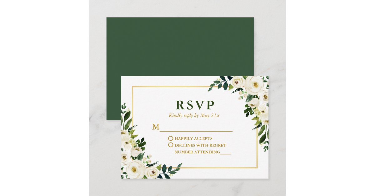 Watercolor Green Floral Gold Frame Wedding RSVP Card | Zazzle
