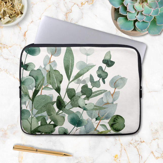 Watercolor Green Foliage Greenery Leaves Laptop Sleeve | Zazzle