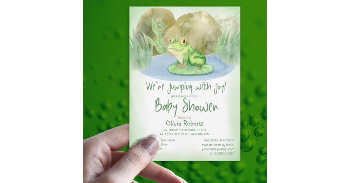 Watercolor Green Frog on Lily Pad Baby Shower Invitation | Zazzle